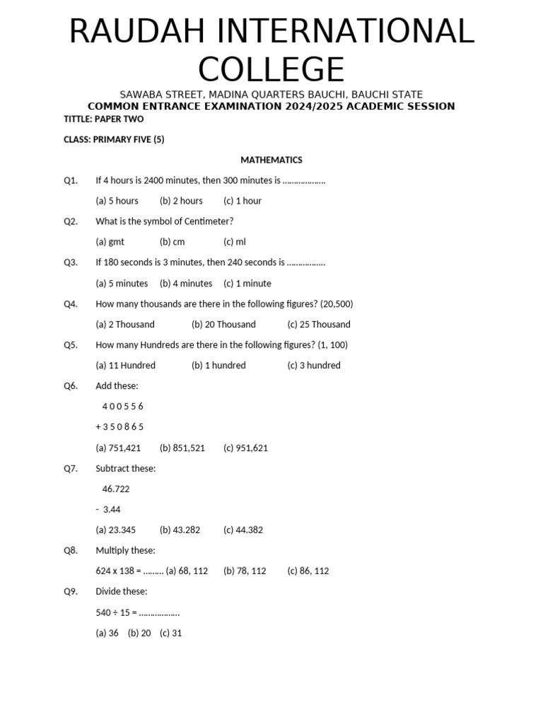 2024 Common Entrance Exam Paper | PDF