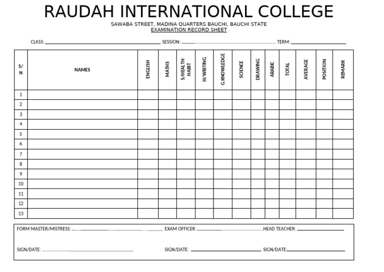 Exam Record Sheet | PDF