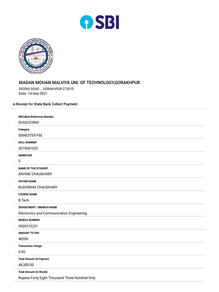 e-Receipt for B.Tech Semester Fee Payment | PDF