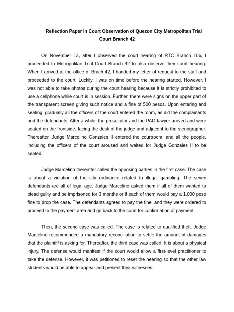 Court Observation Reflection: Quezon City | PDF | Witness | Justice