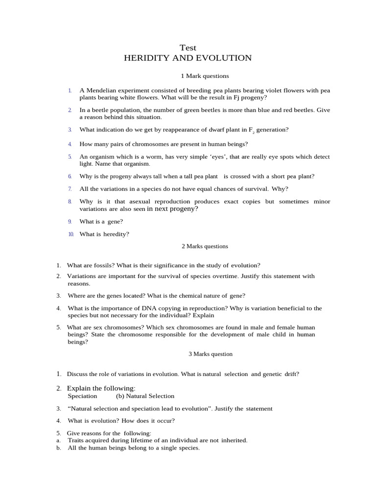 Heredity and Evolution Test Questions | PDF | Heredity | Evolution