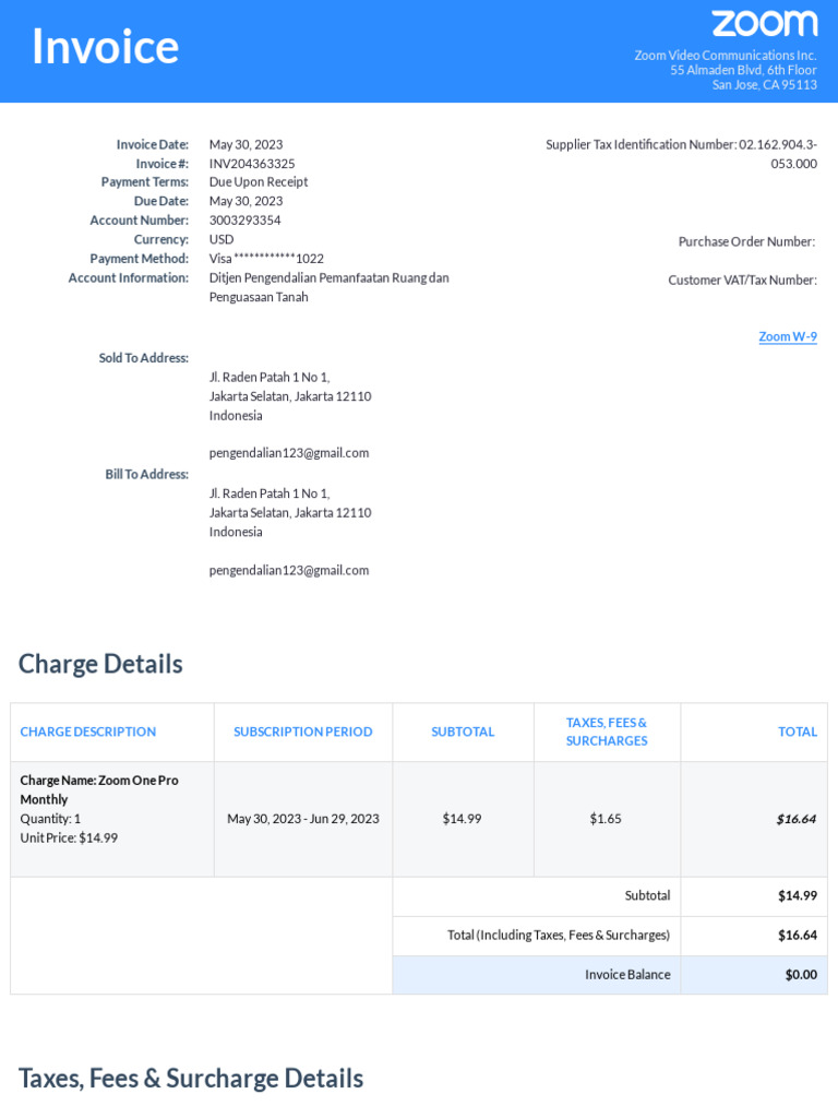 Zoom One Pro Invoice - May 2023 | PDF | Invoice | Fee
