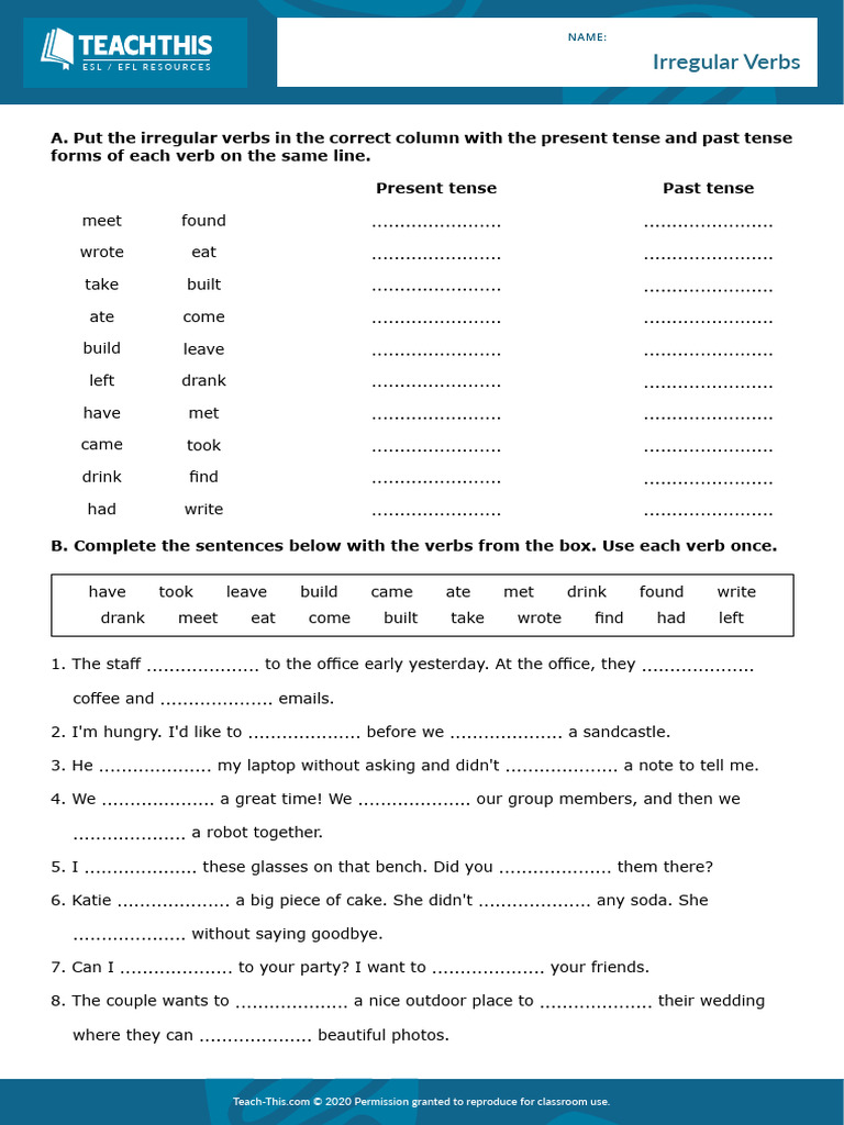 Irregular Verbs Practice Worksheet | PDF | Linguistic Morphology | Grammar