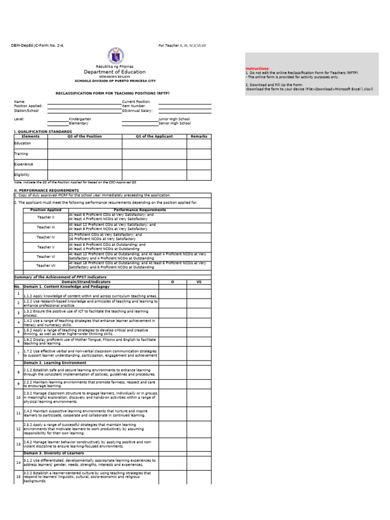 RFTP Reclassification Form for Teachers | PDF | Educational Assessment ...