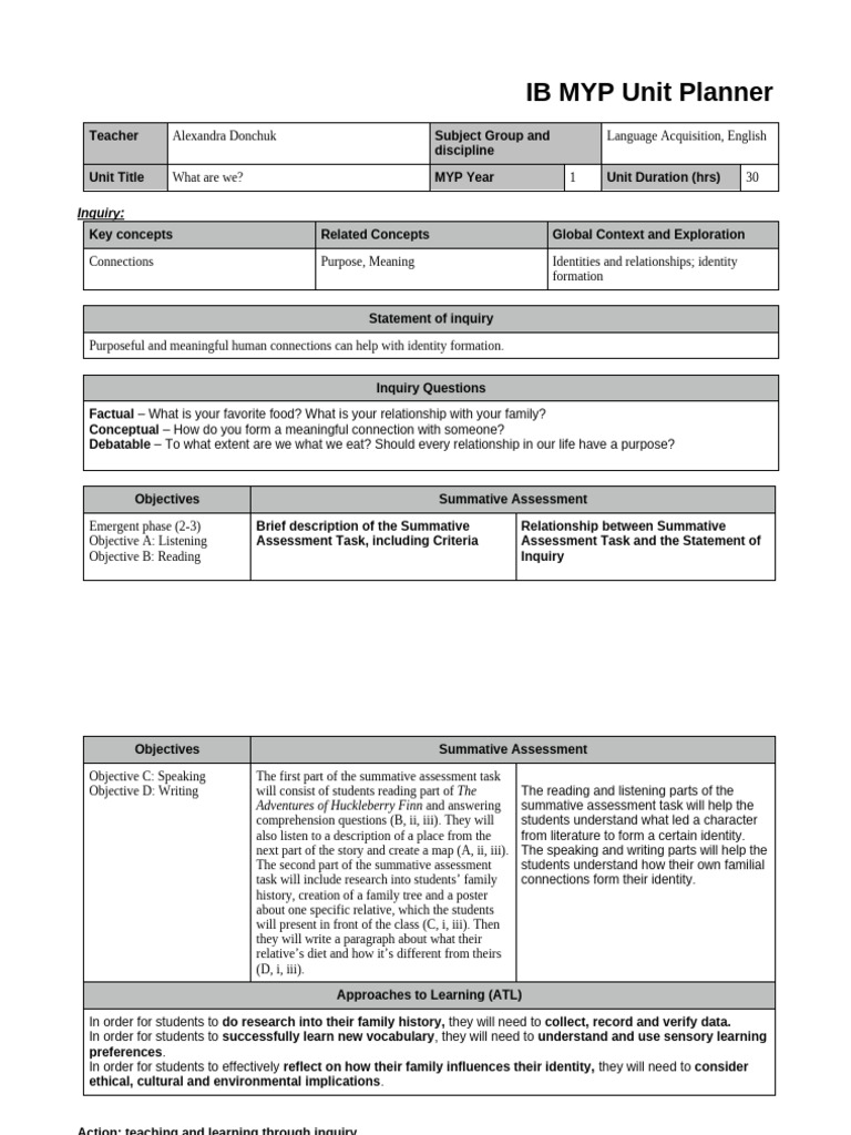 MYP English Unit Planner: Identity & Connections | PDF | Vocabulary ...