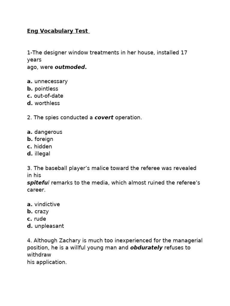 Vocabulary Test on Obdurate Behavior | PDF