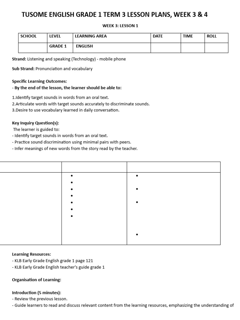 Grade 1 English Lesson Plans: Weeks 3-4 | PDF | Reading Comprehension ...
