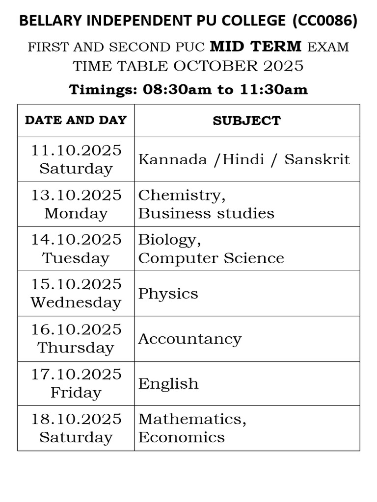 BIPU College Mid Term Exam Timetable | PDF