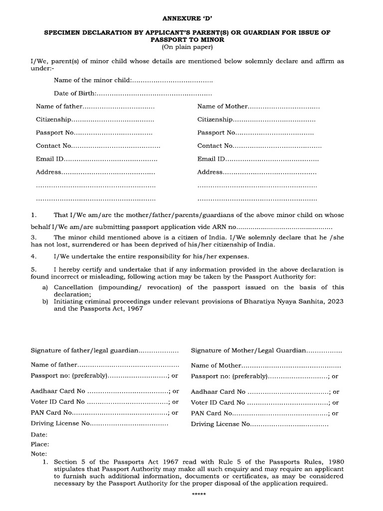 Annex D Form Minor Passport | PDF
