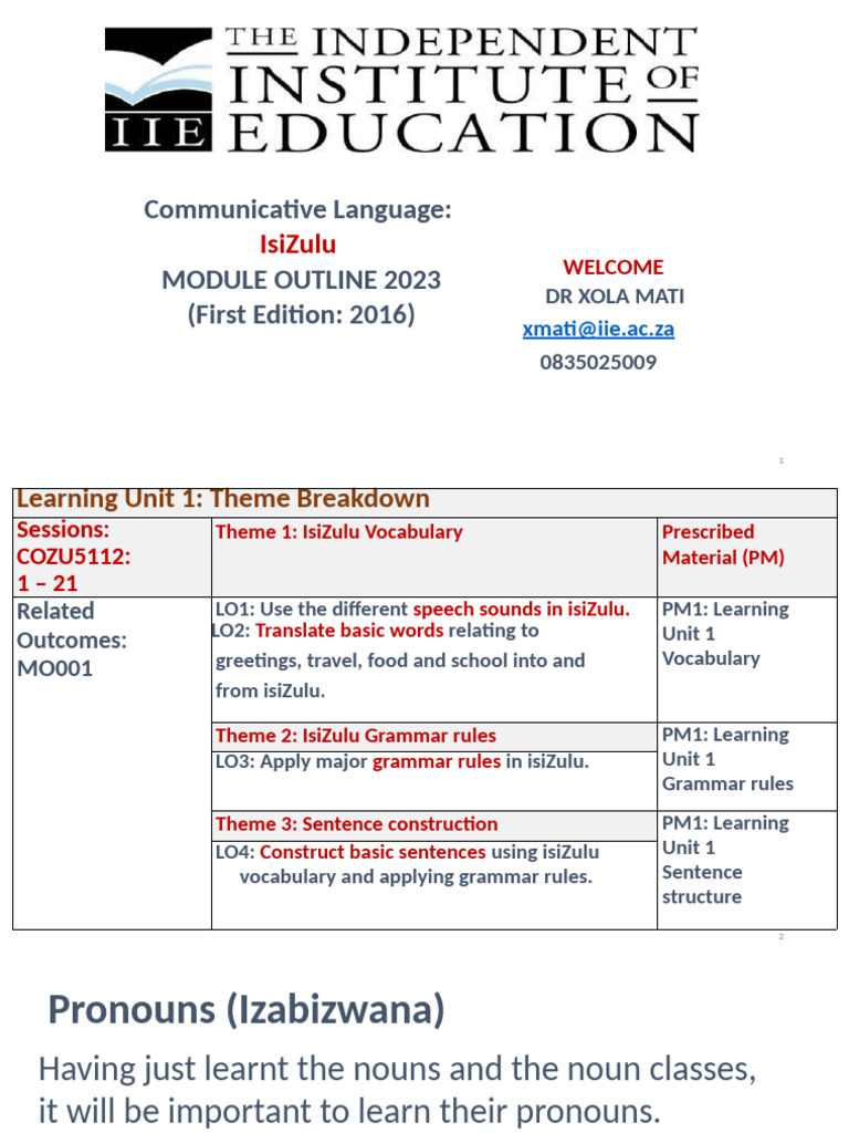 IsiZulu Language Module Outline 2023 | PDF | Pronoun | English Language
