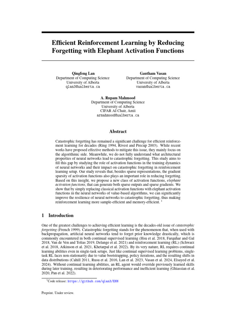 Efficient Reinforcement Learning by Reducing Forgetting With Elephant Activation Functions | PDF ...