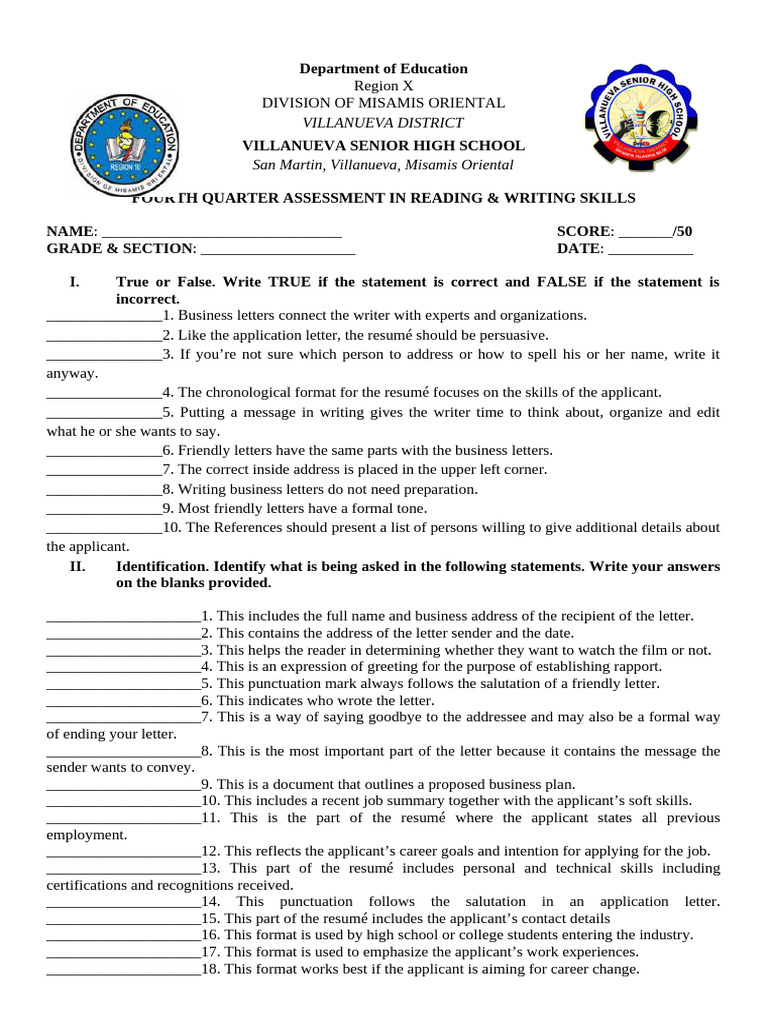 Fourth Quarter Reading & Writing Assessment | PDF | Résumé | Cosmetics