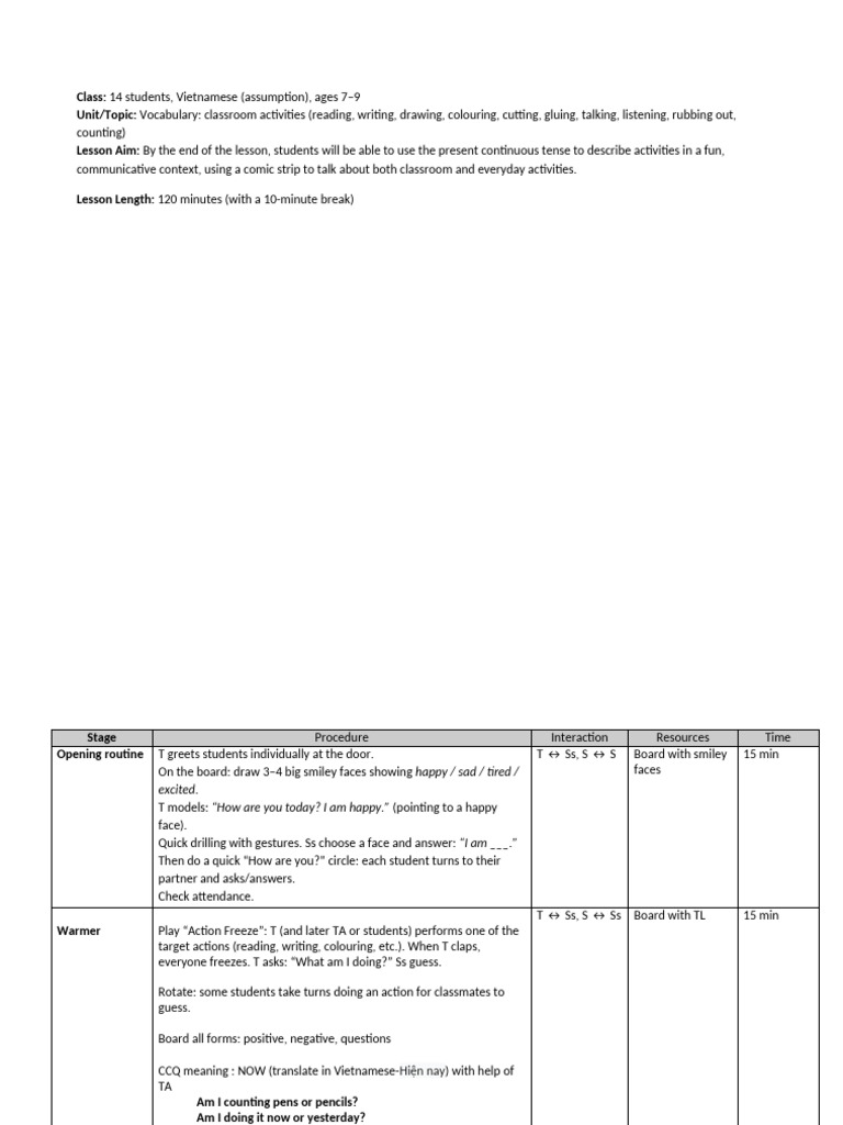 Present Continuous Activities Lesson Plan | PDF | Grammar | Learning