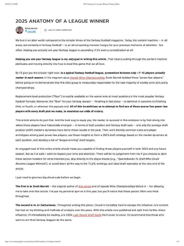 2025 Anatomy of A League Winner - Fantasy Points | PDF | Quarterback ...