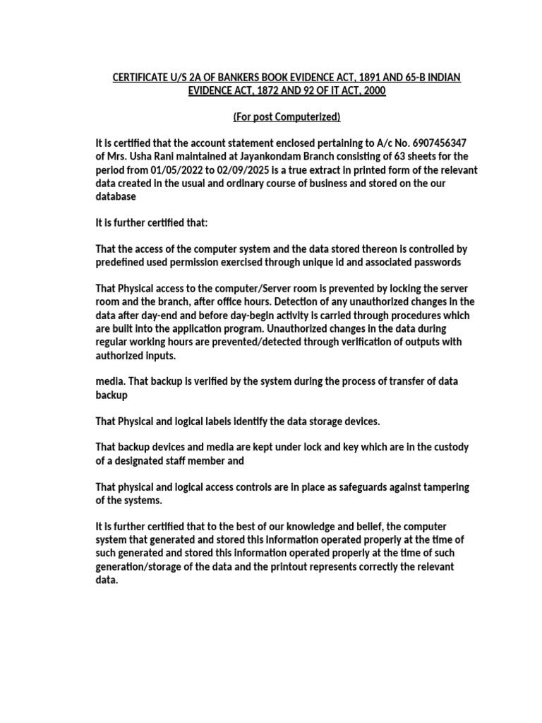 Certificate Under Bankers Book Evidence Act | PDF