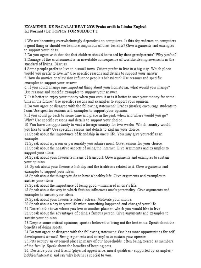 EXAMENUL DE BACALAUREAT 2008 Proba Orală La Limba Engleză | PDF | Reason | Communication
