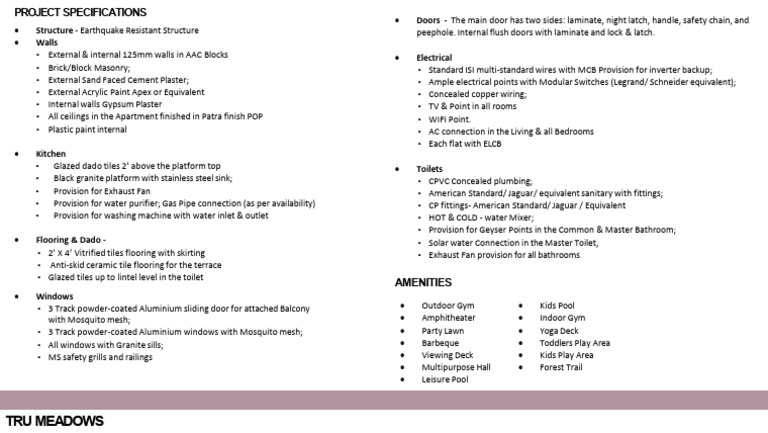 Tru Meadows Project Specifications & Amenities | PDF | Tile | Bathroom