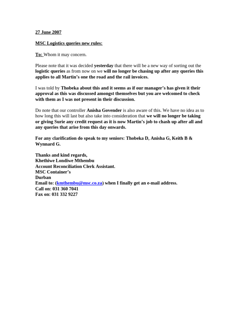 MSC Logistics New Rules For Rail and Road With M.M | PDF