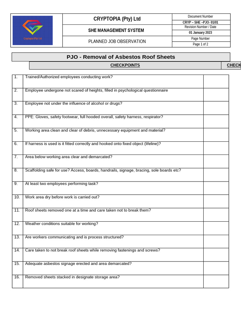 Asbestos Roof Removal Safety Checklist | PDF | Safety