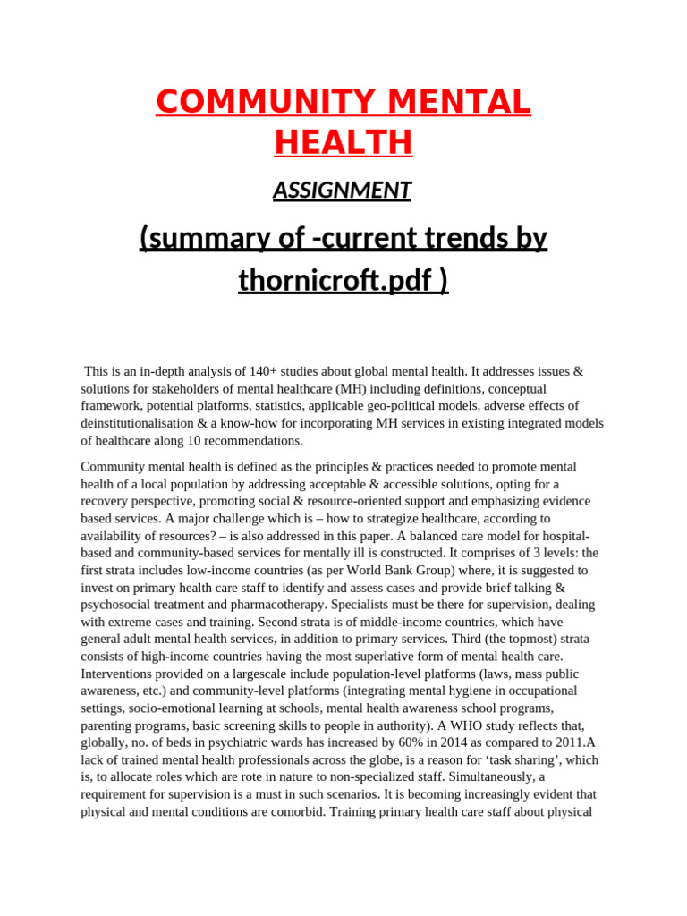 Summary of Latest Trends in Community Mental Health (Assignment) | PDF ...