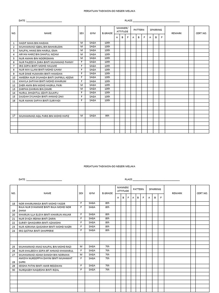 Final Belt Test - Senarai Nama Ahli TKD Saga Sep'25 | PDF