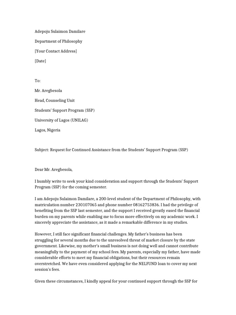 Request for SSP Financial Assistance | PDF