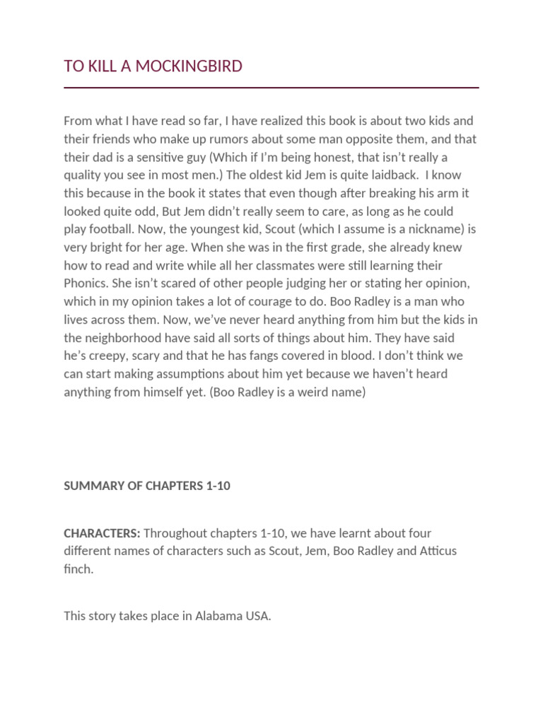 Chapters 1-10 Summary: TKAM Insights | PDF | To Kill A Mockingbird
