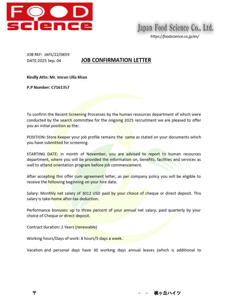 Japan Food Science Offer Letter Imran Ulla Khan | PDF | Salary