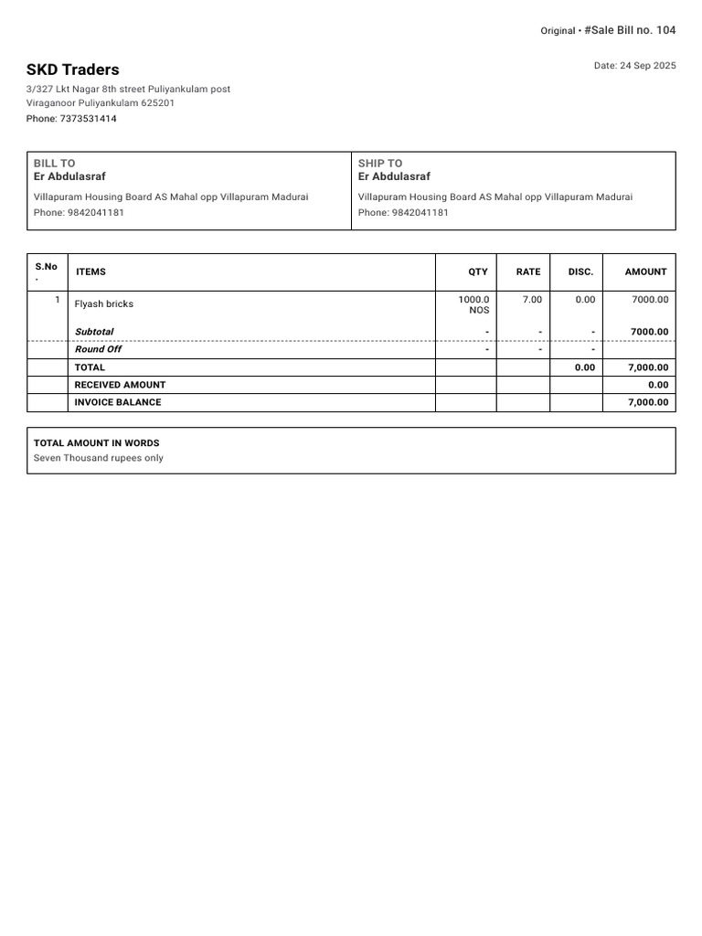 Sale Bill for Flyash Bricks Invoice | PDF