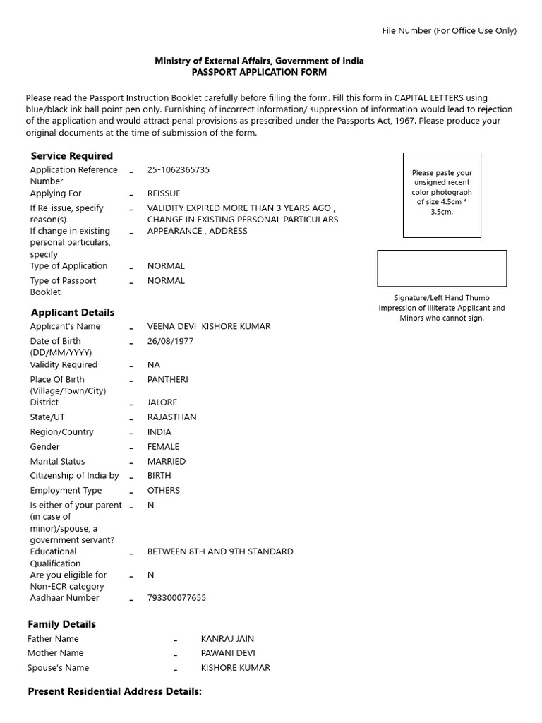Passport Reissue Application Form | PDF | Passport | Government And ...