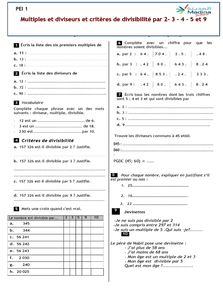 Multiples et Diviseurs : Exercices Mathématiques | PDF | Théorie des ...
