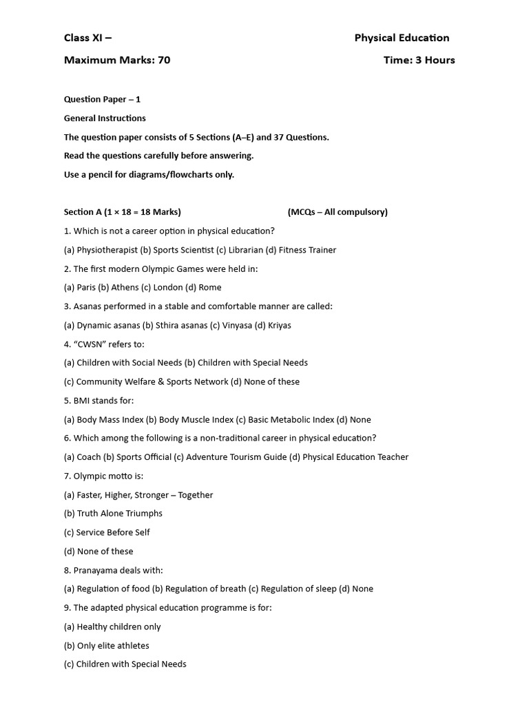 P.E Class Xi Sample Paper 2 & 3 With Answer Key | PDF | Asana | Physical Fitness