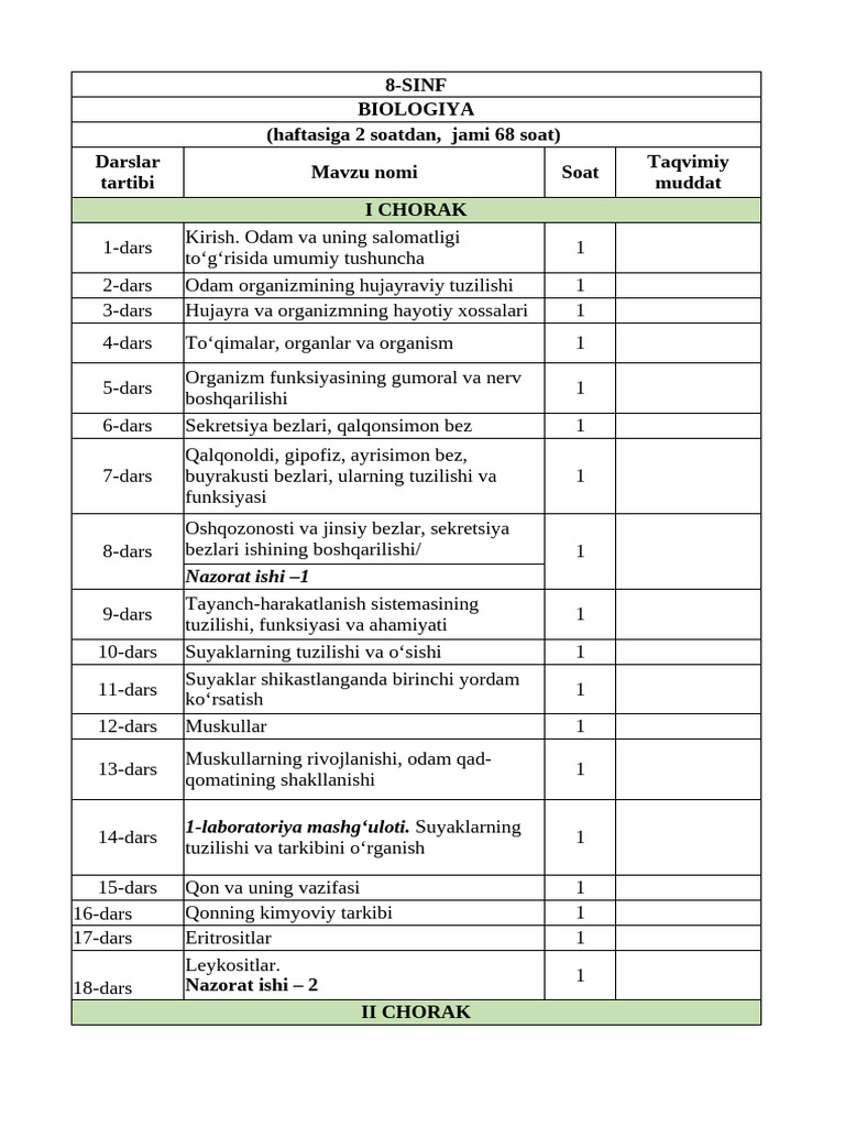 8-Sinf Biologiya Yillik 2025-2026 @E - Baza - Ishreja | PDF