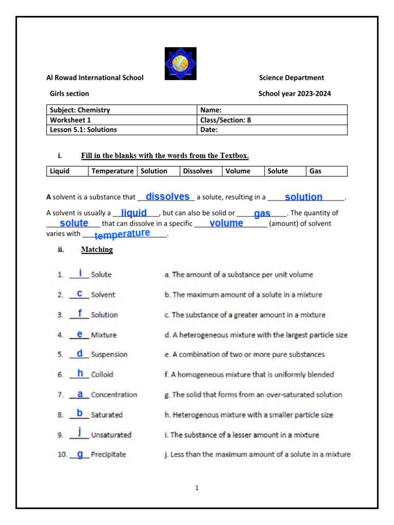 8th Grade Chemistry: Solutions Worksheet | PDF | Solubility | Gases