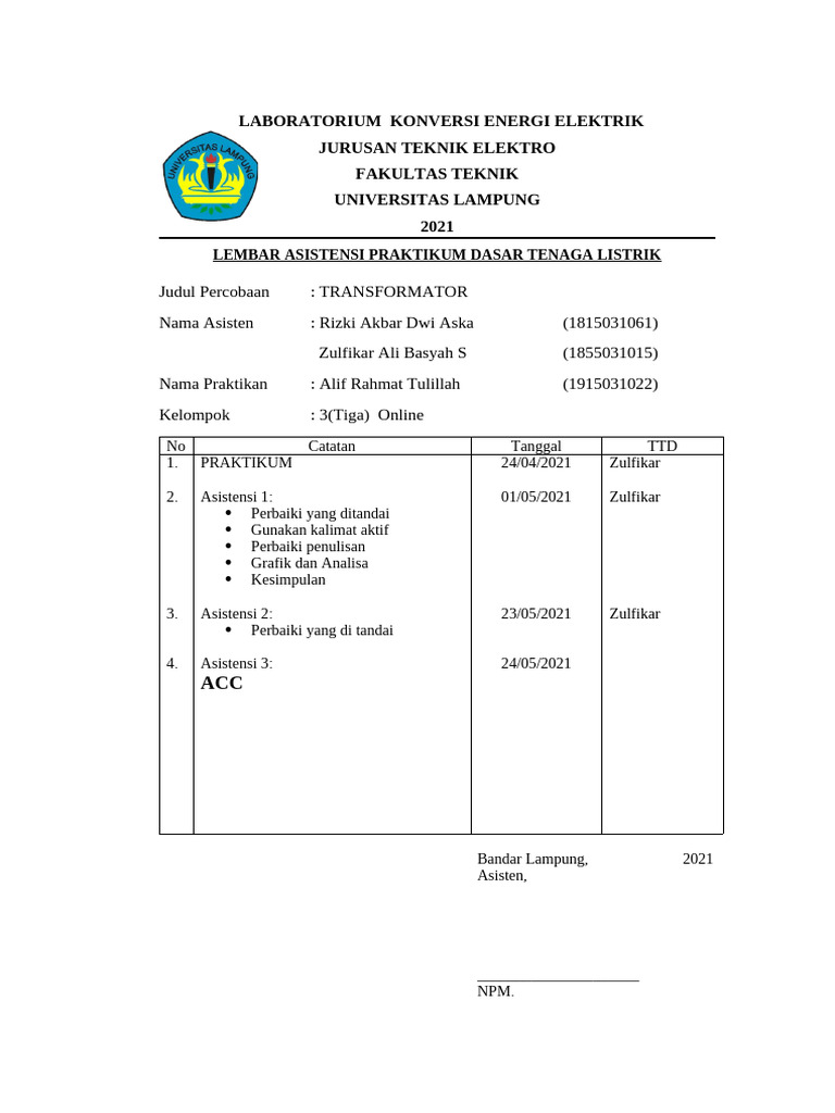 Laporan Percobaan Transformator - Kelompok 3 Online - ALIF RAHMAT ...