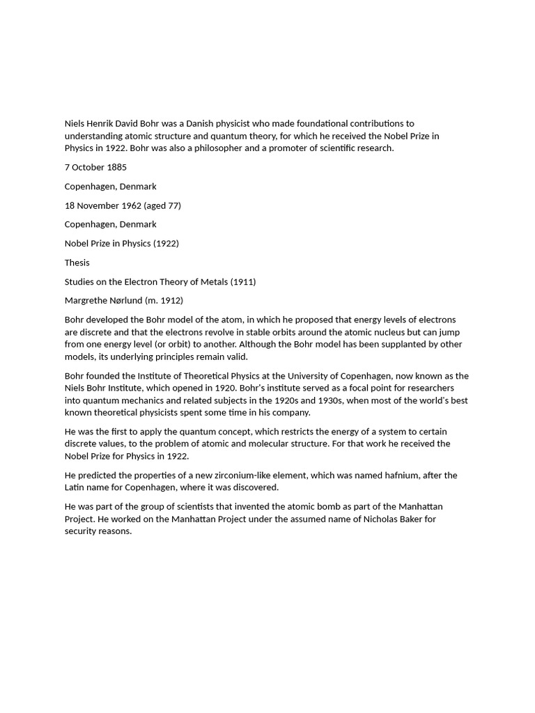 Niels Bohr Science Project Sarthak | PDF