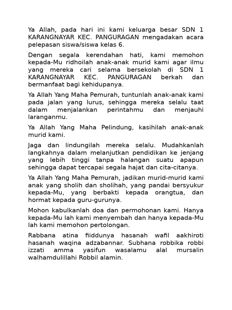 Doa Pelepasan Siswa Kelas 6 | PDF