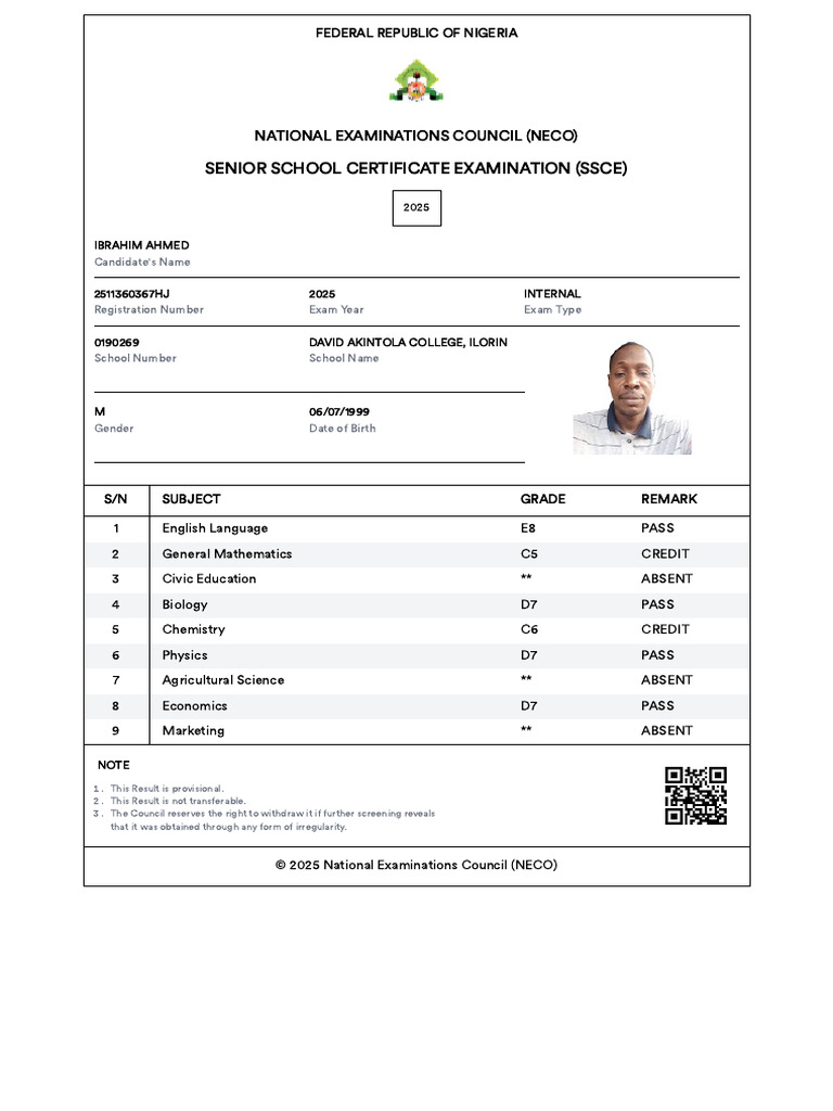 NECO Results Portal | PDF