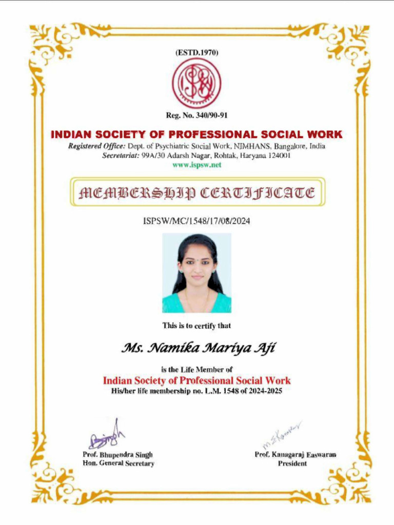 Indian Society O"F Prof Ssional Social Work: Registe - Retl Office | PDF
