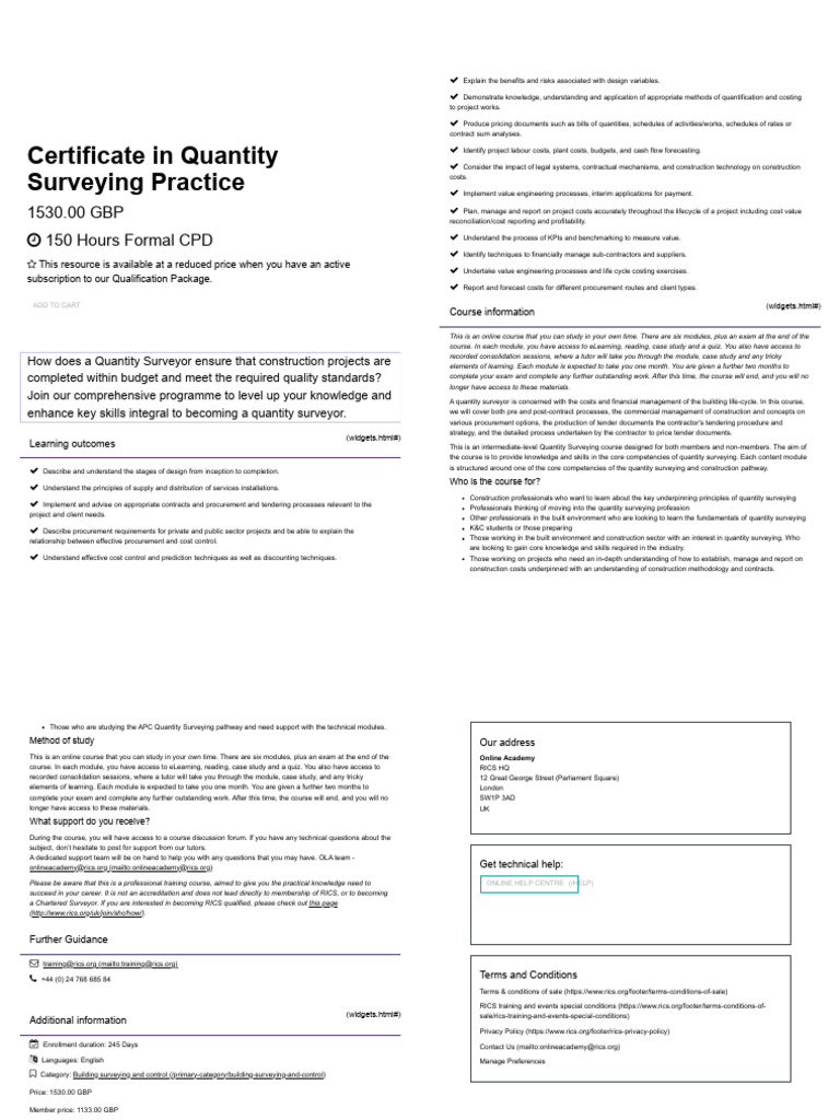 RICS Quantity Surveying Certificate Course | PDF | Procurement | Surveying