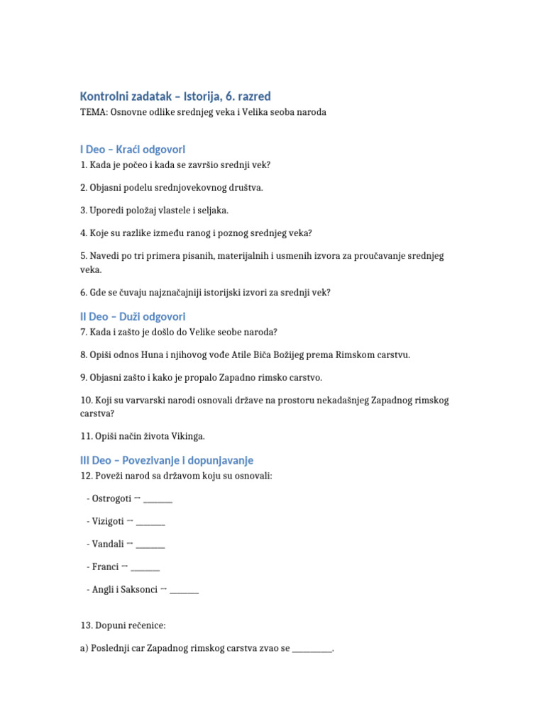 Kontrolni Zadatak Istorija 6razred-1 | PDF
