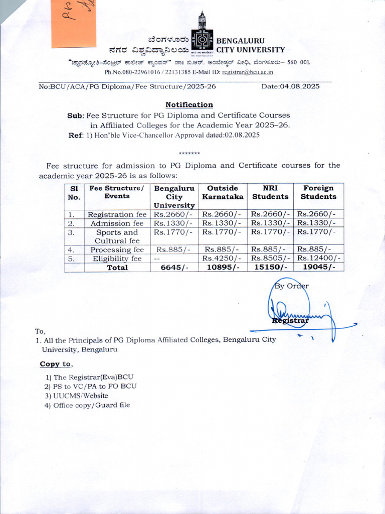 Fee Structure For PG Diploma and Certificate Course in Affiliated College For The Academic Year ...
