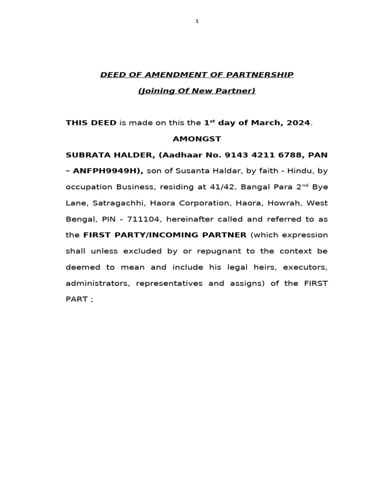 Partnership Amendment Deed: New Partner | PDF | Partnership | Private Law