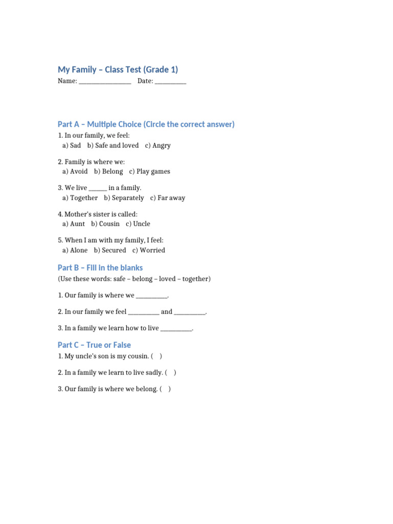 Grade 1 Family Class Test Worksheet | PDF