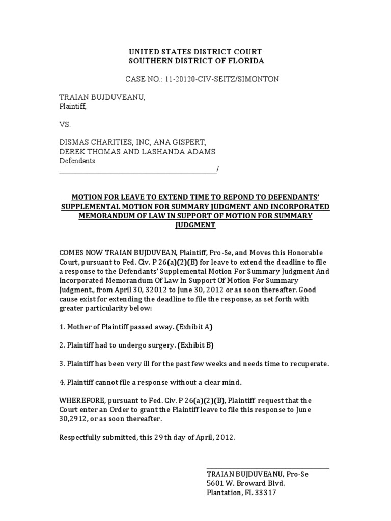 Motion to Extend Time for Response | PDF | Pro Se Legal Representation ...