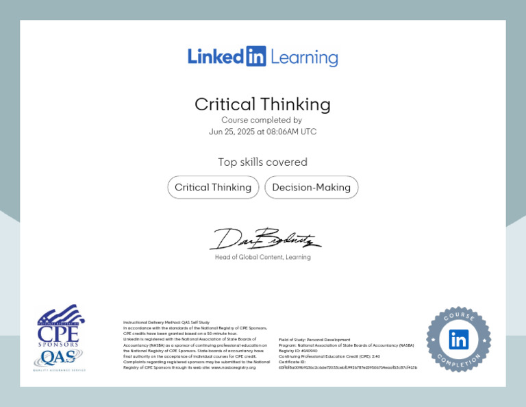CertificateOfCompletion Critical Thinking-2 | PDF