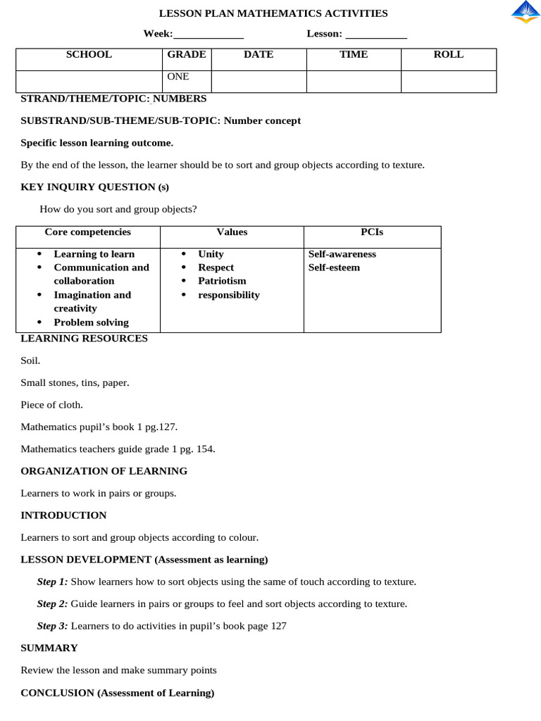 GRADE 1 Mathematics Activities Term 3 Lesson Plans Word Format | PDF ...
