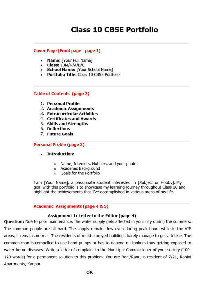 Class 10 CBSE English Portfolio Guide | PDF | Page Layout