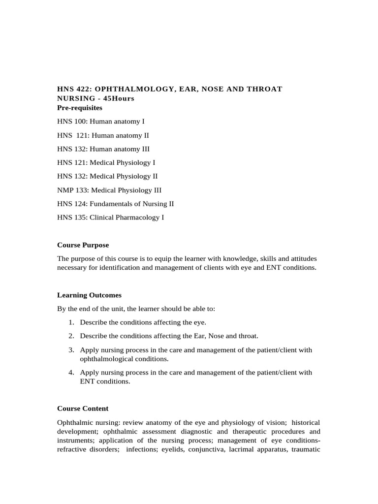 Hns 422 Ophthalmology & Ent Course Outline | PDF | Ophthalmology | Ear