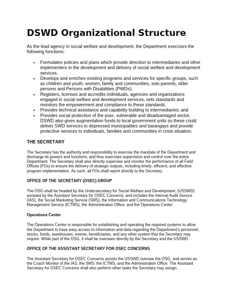 DSWD Organizational Structure Overview | PDF | Capacity Building | Policy